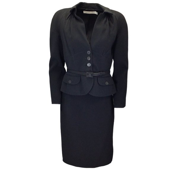 Dior | Skirts | Christian Dior Black Belted Silk Crepe Jacket And Skirt ...